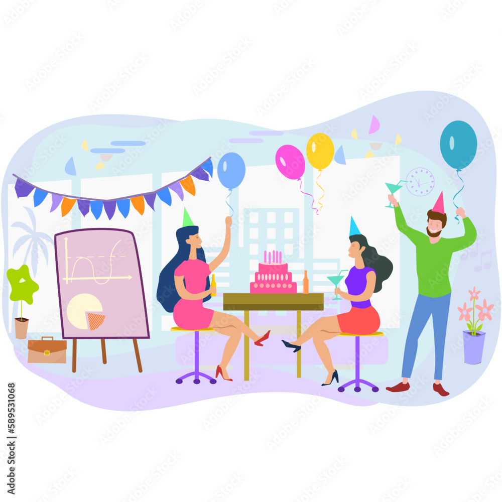 Happy people having fun at office party. Excited office girls and guys ...