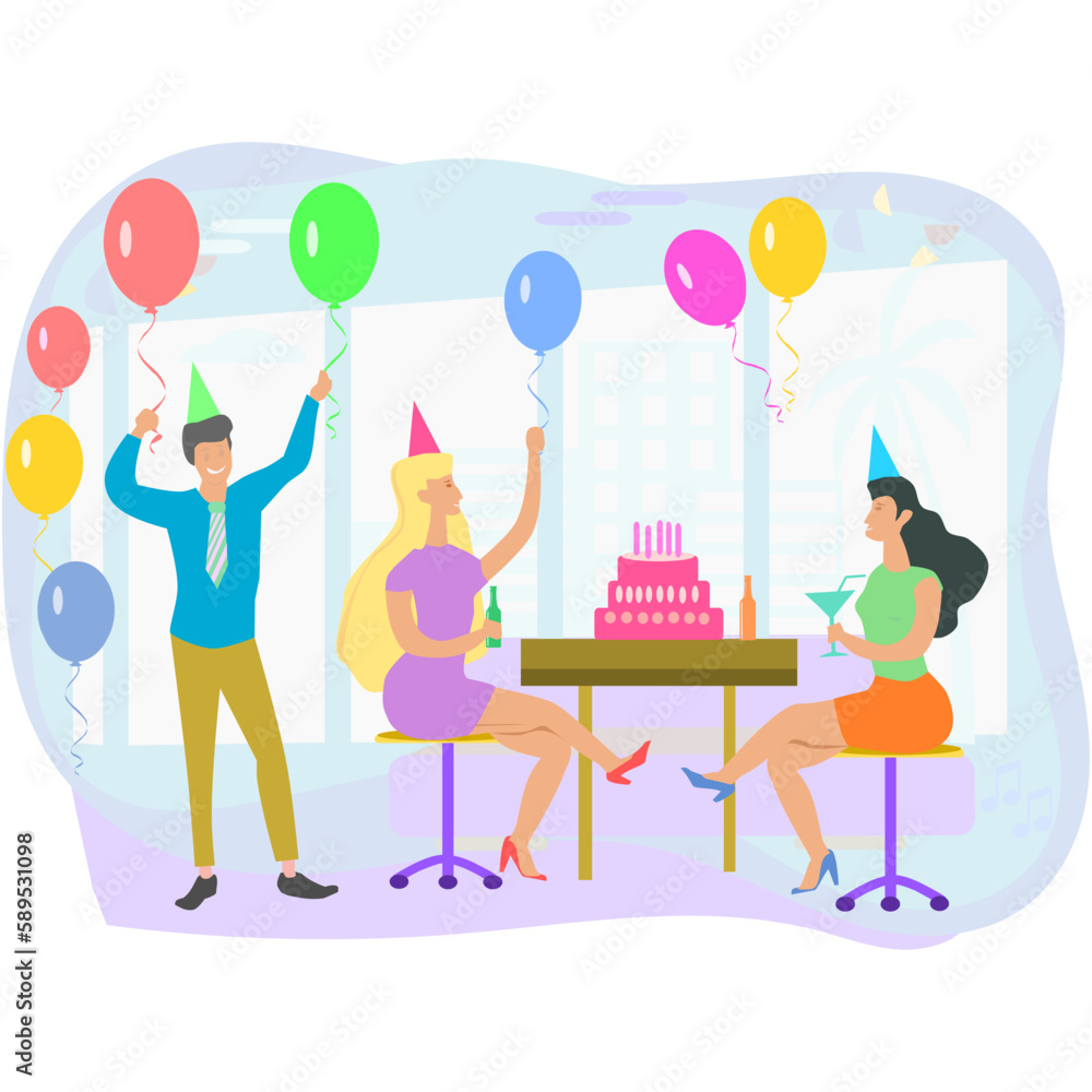 Happy people having fun at office party. Excited office girls and guys ...