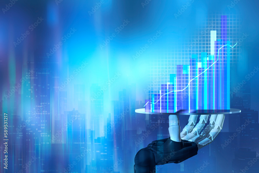 AI trading analysis. Plastic robot arm tracking sales graph with ...