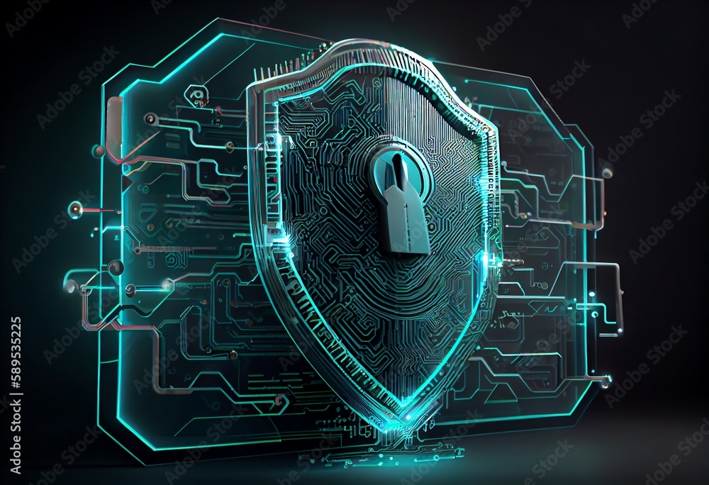 A shield with a lock icon is depicted on a circuit board and network wireframe in an abstract ...
