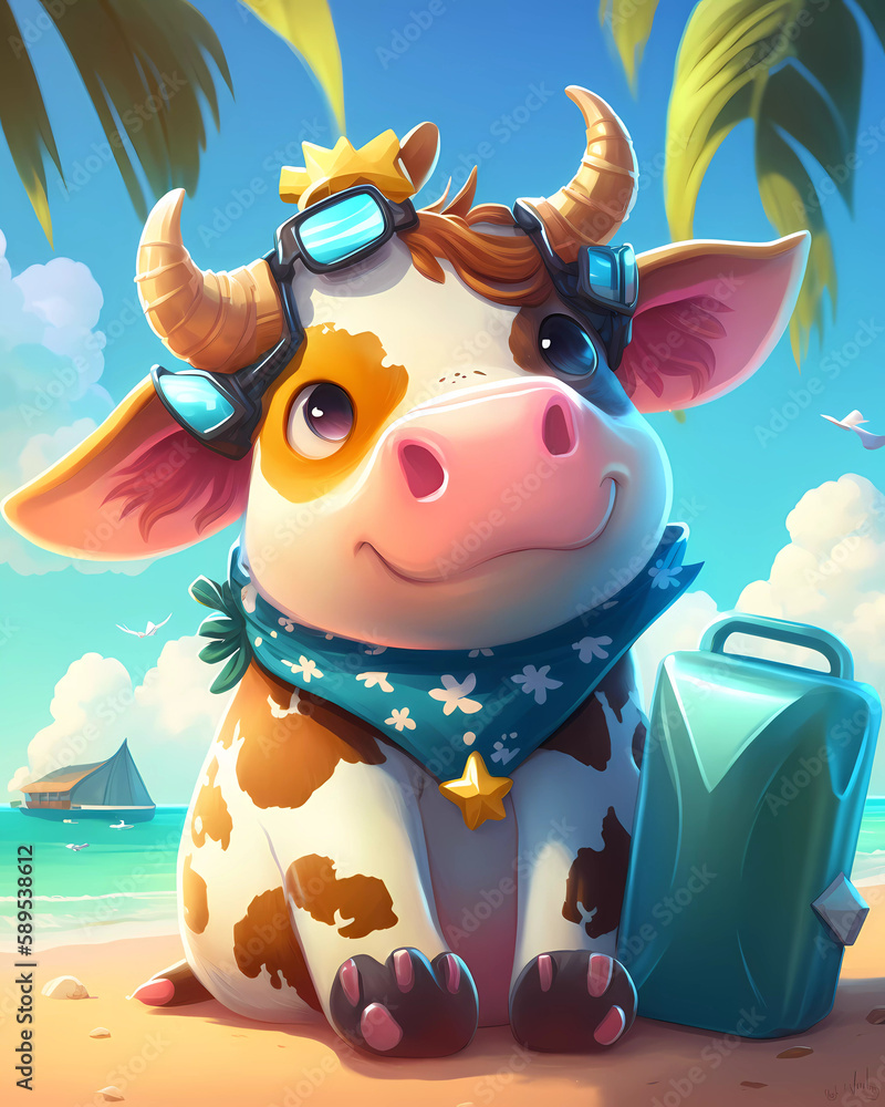 cartoon of cow on a beach ( generative ai ) Stock Illustration | Adobe ...