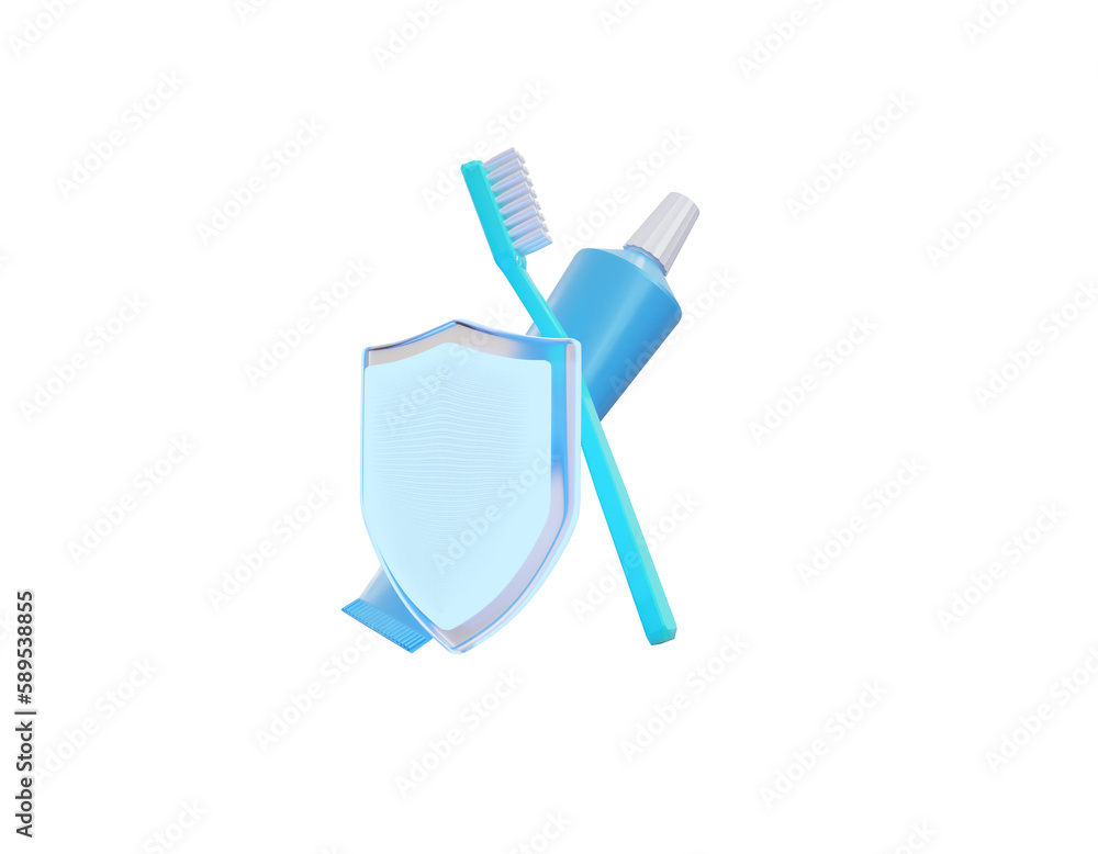 Set of 3d toothbrush, toothpaste tube and shield isolated on ...