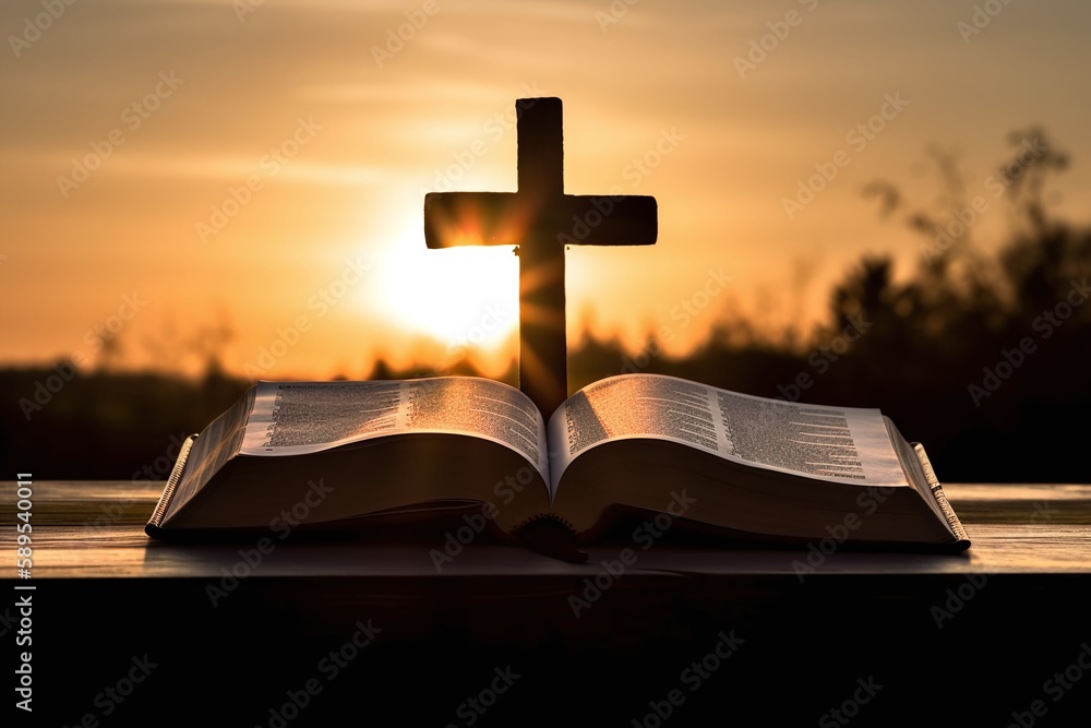 Cross in front of the Bible, Bible, Christian cross on a hill outdoors ...
