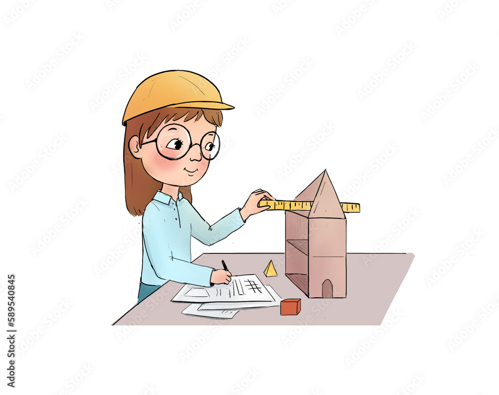 little girl child building house, learning engineering in school ...