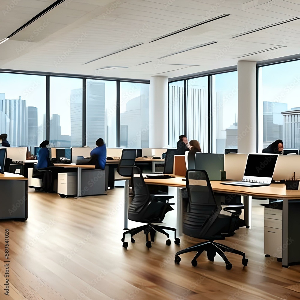 ilustración, hiperrealista, negocios, escena de oficina ocupada ...