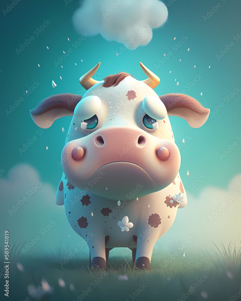 ภาพประกอบสต็อก Sad Cartoon Cow with Tearful Eyes , crying cow - digital ...