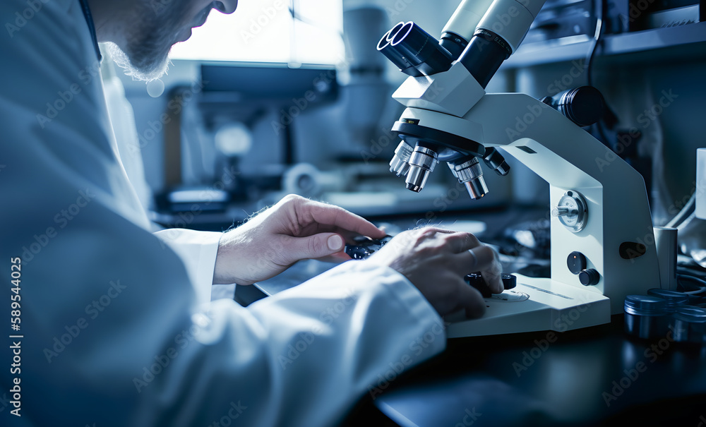 Scientist investigating with his microscope in a laboratory. Concept of ...