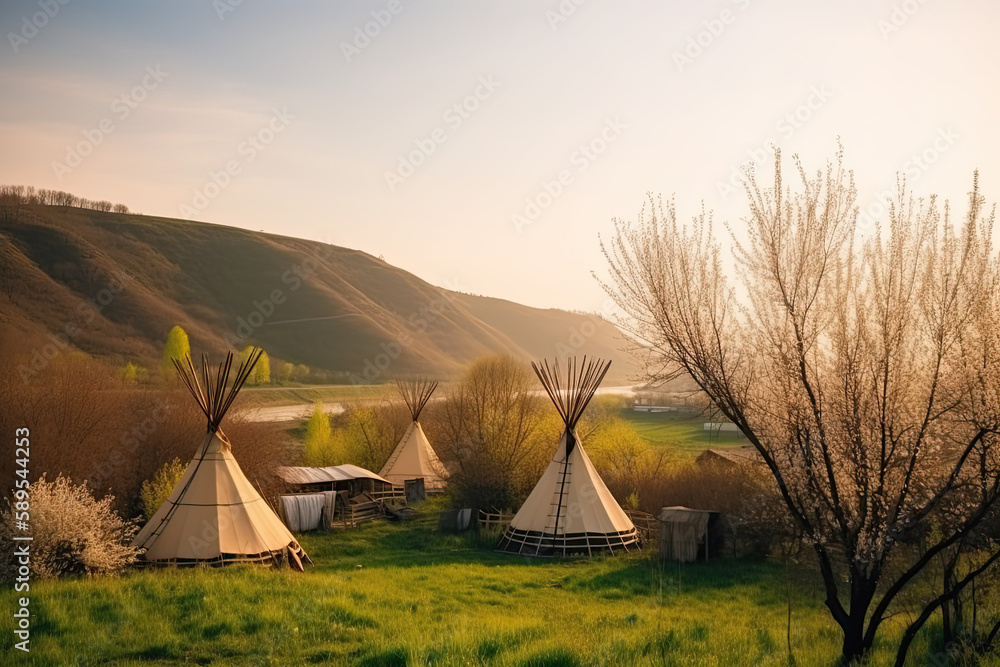 Native American village with traditional native Indian teepees during ...