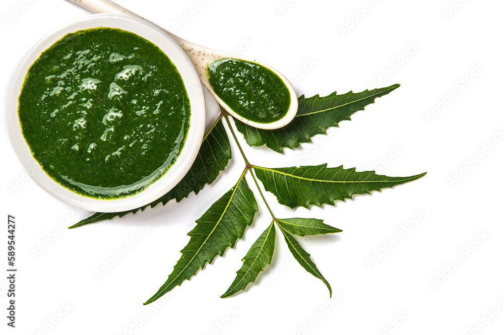 Medicinal Neem leaves with neem paste in spoon and plate on white ...