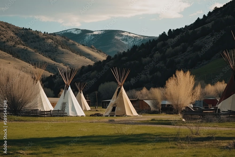 Native American village with traditional native Indian teepees during ...