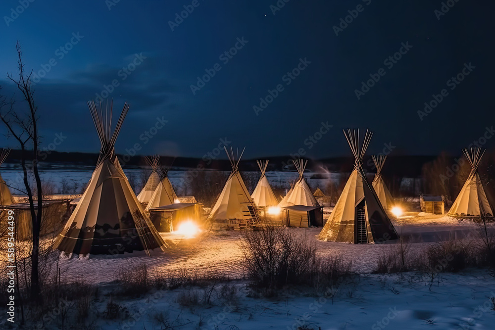 Native American village with traditional native Indian teepees during ...