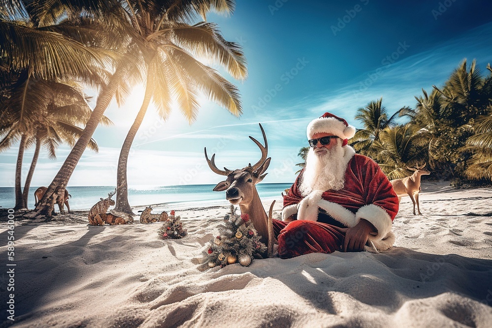 Santa Claus and Reindeer Lounging on Pristine Tropical Beach, Generated ...