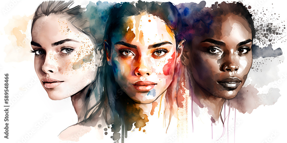 Set of different woman faces varios beautiful females. Brush stroke ...