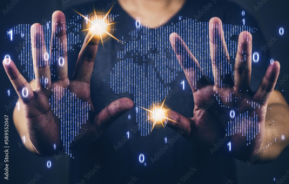 A hand seamlessly navigate the digital world map, the blurred binary ...
