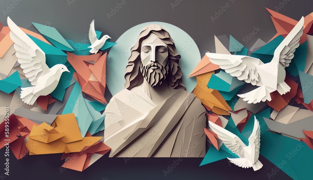 Ascension of Jesus Christ. son of god in heaven . Origami art. 素材庫插圖 ...