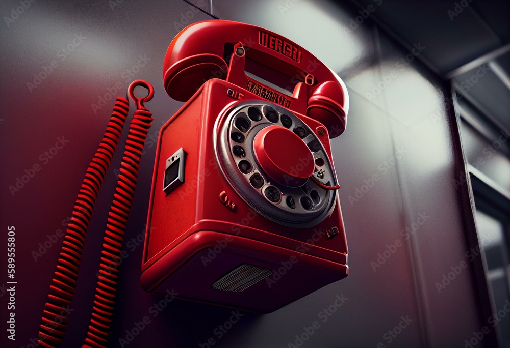 Red telephone receiver of the emergency call hangs down from above - 3d ...