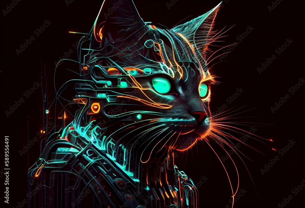 Neon cyber cat on black background, digital art, futuristic character ...