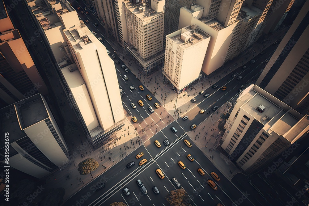 concrete buildings and steet traffic in large metropolitan city, aerial ...