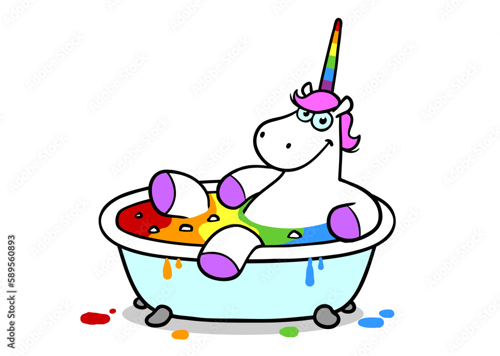 Rosa Cartoon Einhorn beim Baden in Badewanne und Regenbogen Wasser ...