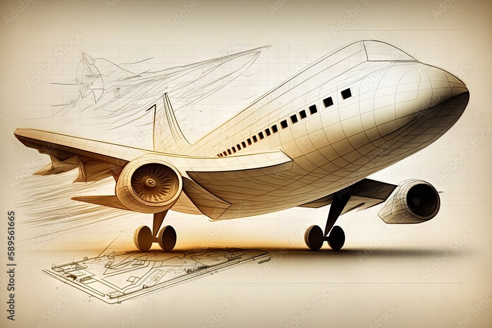 aircraft design sketch with aircraft in takeoff position, ready to take ...