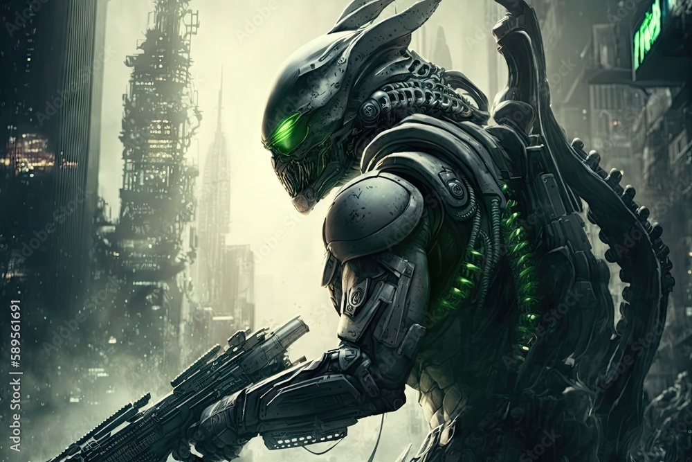 alien, with blaster in hand, making its way through futuristic ...