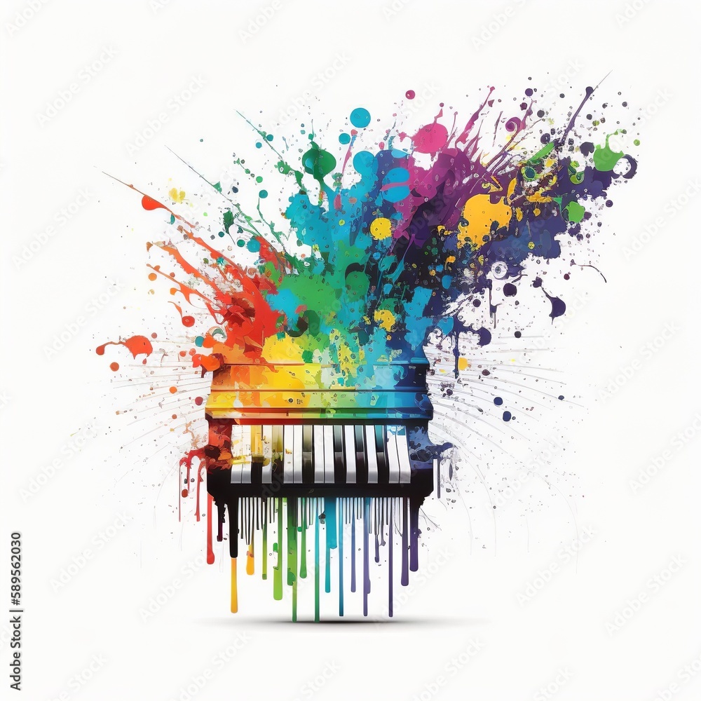 Piano keyboard musical instrument colorful splash illustration on white ...
