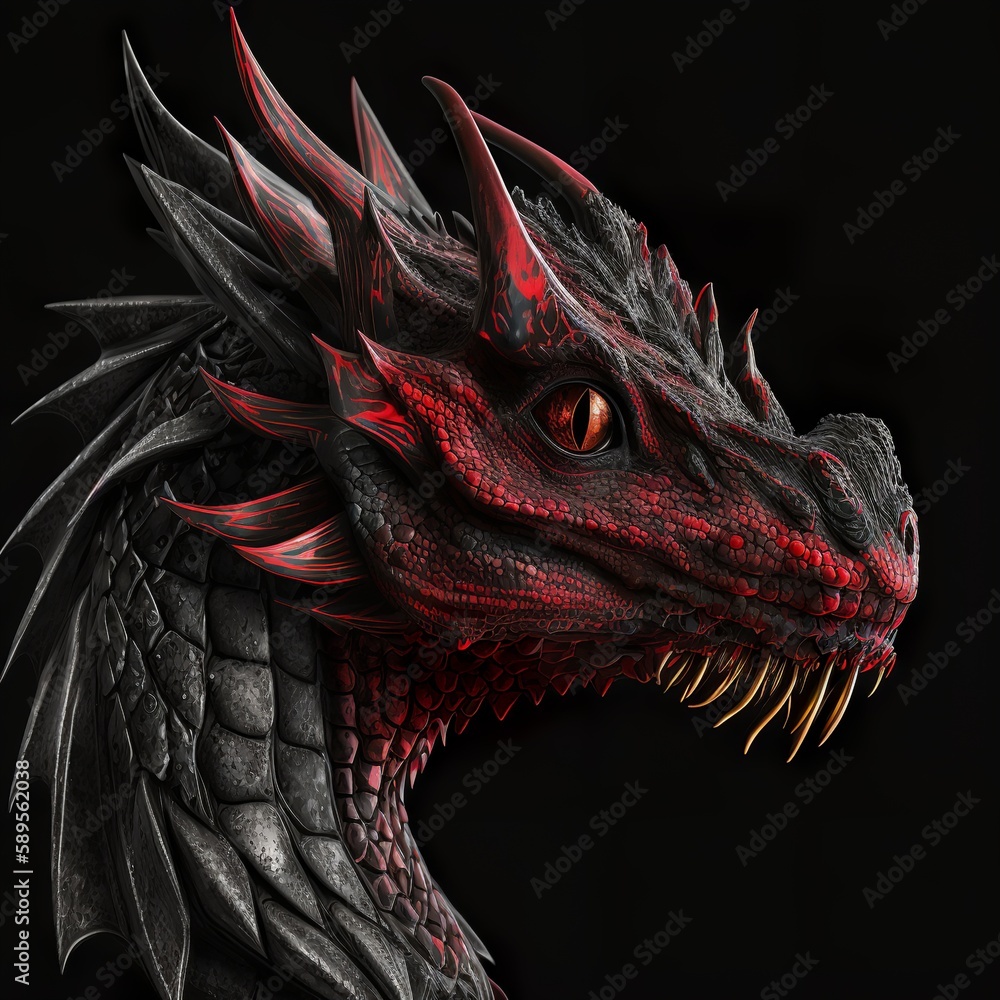 black and red dragon head seen close up on black background sharp ...