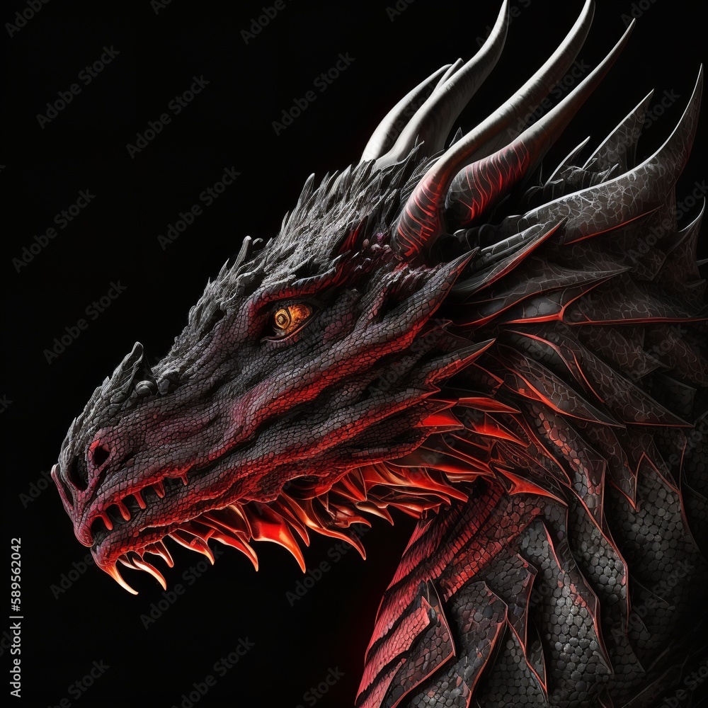 black and red dragon head seen close up on black background sharp ...