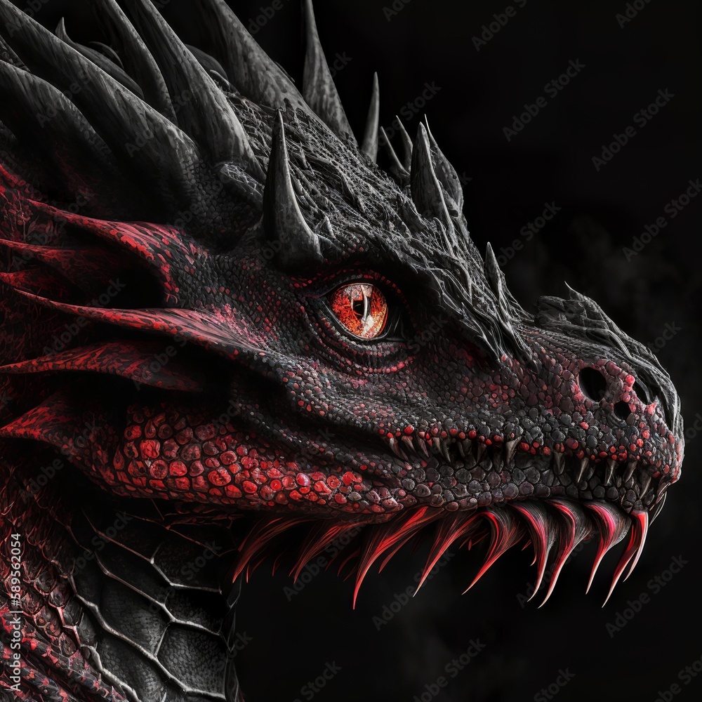 black and red dragon head seen close up on black background sharp ...