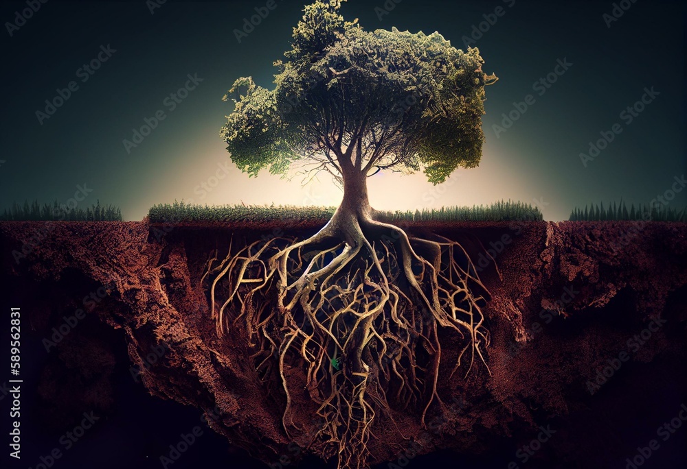 Root System Of A Tree Growing Underground, Soil Section Concept ...