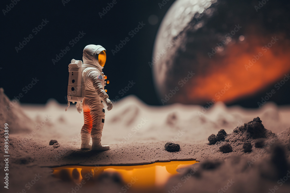 Spaceman walking on the moon with planets in the background and orange ...