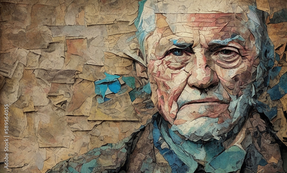 Portraits of elderly man made from scraps of old newspapers ...