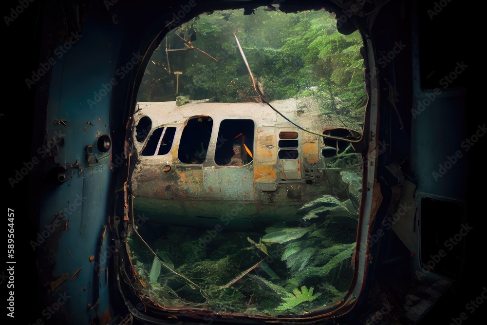 plane wreck in jungle, with close-up of the broken plane's cockpit ...