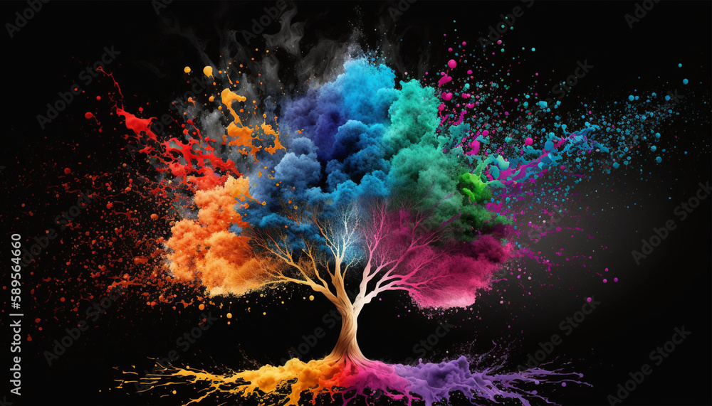 Happy Holi tree colorful background. Festival of colors, colorful ...