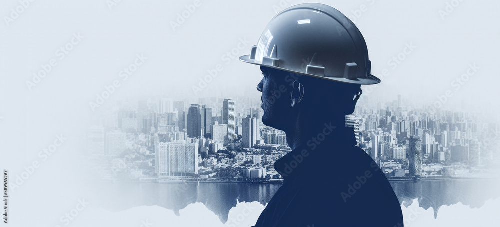 Illustration of construction manager and digital building construction ...