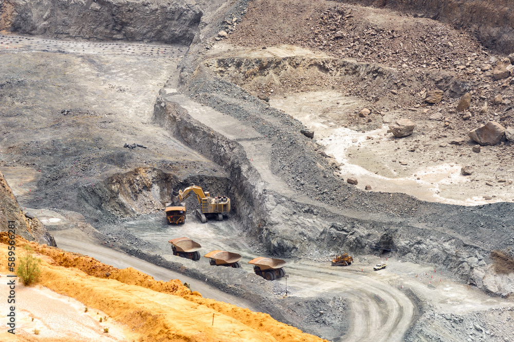 view of the dump trucks in the gold mine, down in the mine, goldfields ...