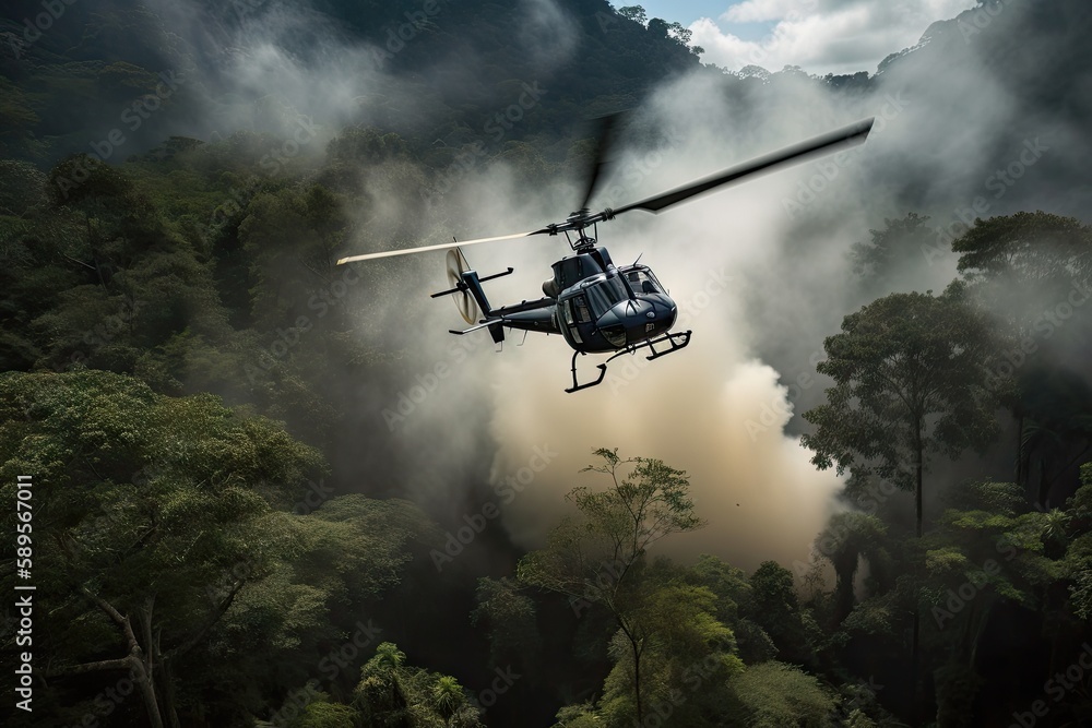helicopter flying over dense jungle, with smoke billowing from its ...