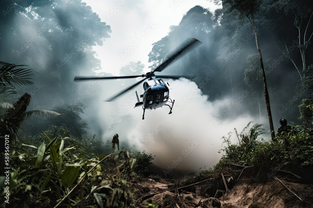 helicopter lands in dense jungle with smoke billowing from its engine ...