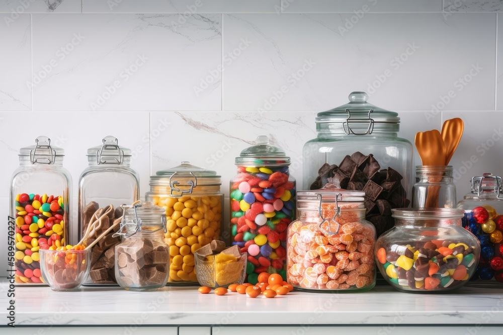 overflowing candy jar on counter next to jars of nuts and other candies ...
