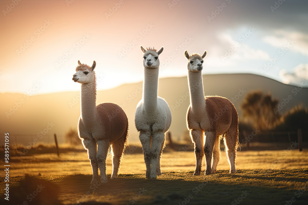three llamas on a paddock at sunset, AI generated content Stock ...