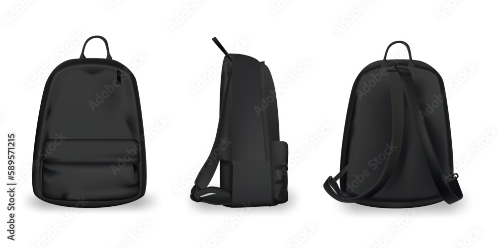 Black backpack design front, back and side view set. College or school ...