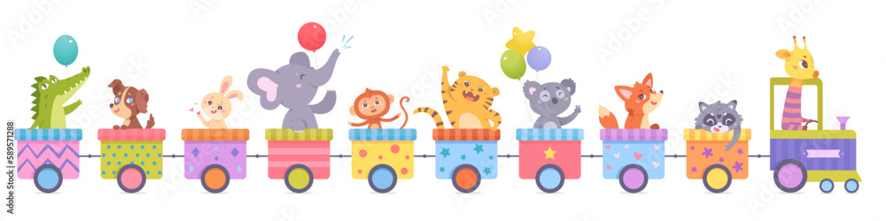 Cute train with animals vector illustration. Cartoon isolated funny ...