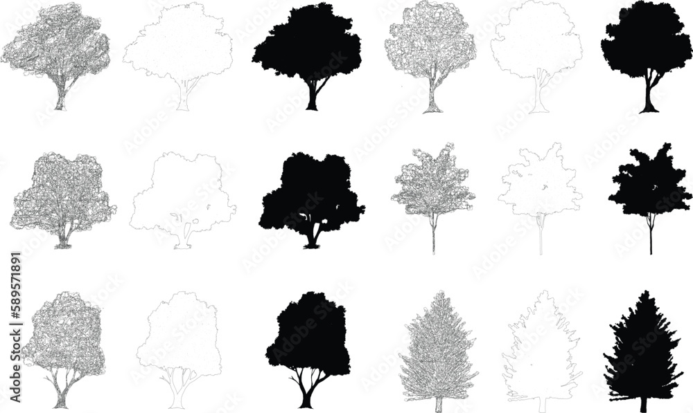 silhouette tree line drawing, Side view, set of graphics trees elements ...