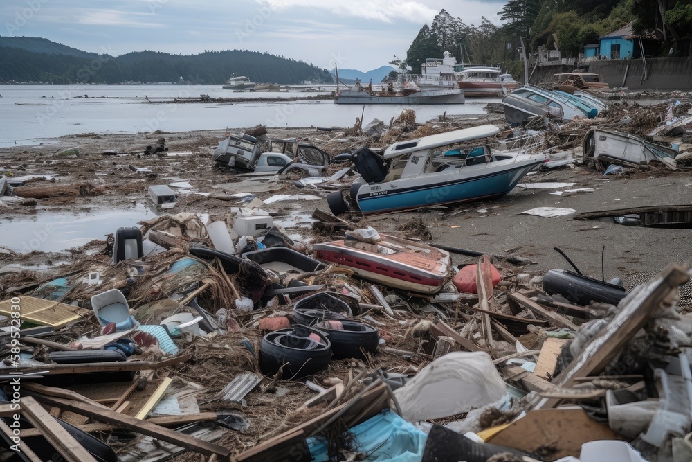 pile of debris left after a tsunami hit the coast, including floating ...