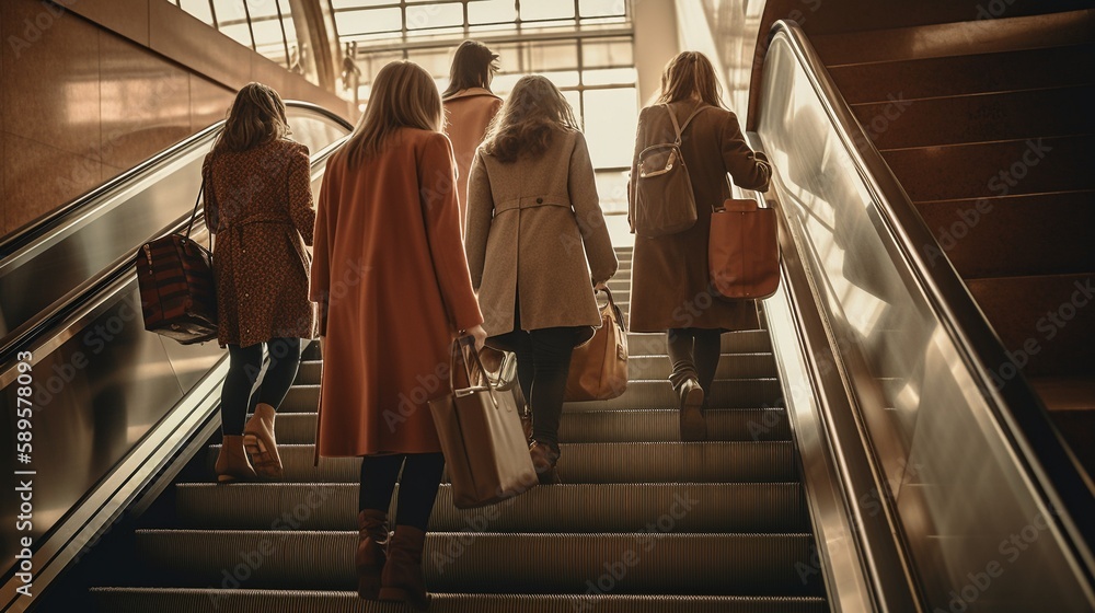 Generative AI, a woman escorting baggage down an escalator ilustração ...
