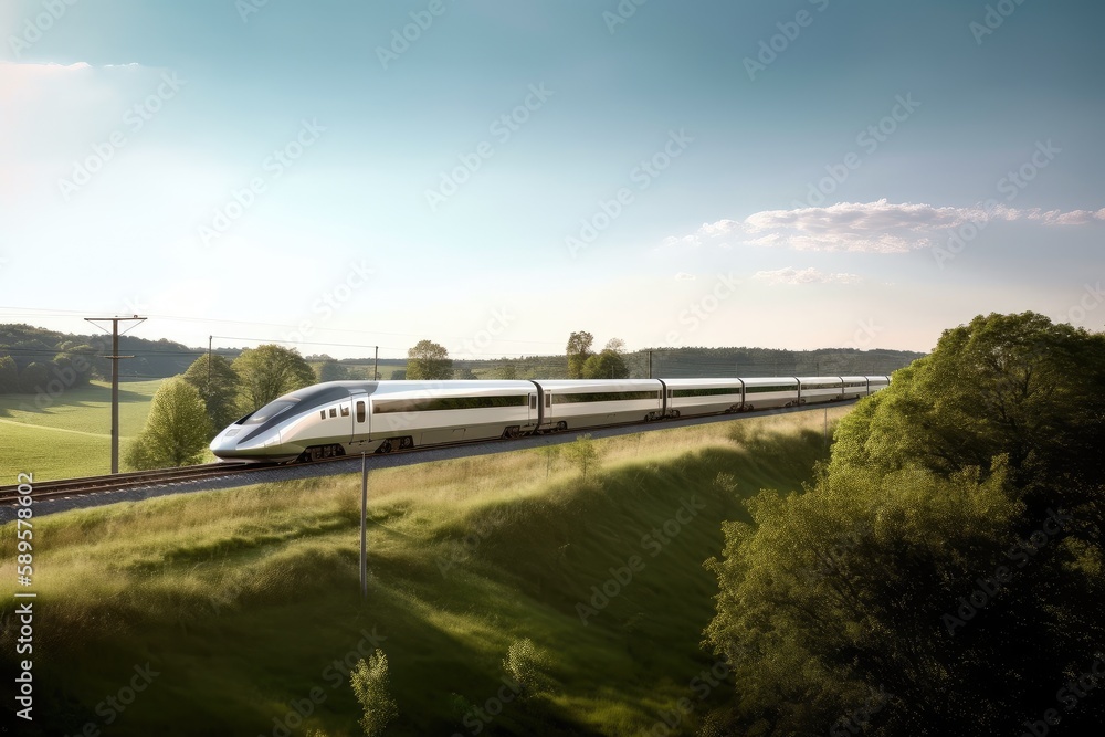 modern passenger train, with sleek and streamlined exterior, speeds ...