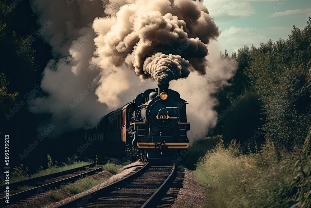 vintage steam locomotive chugging along the track, with billowing smoke ...