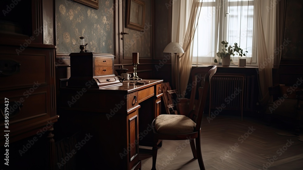Old-Fashioned Luxury Home Office: Vintage Style Wood Furniture, Chair ...