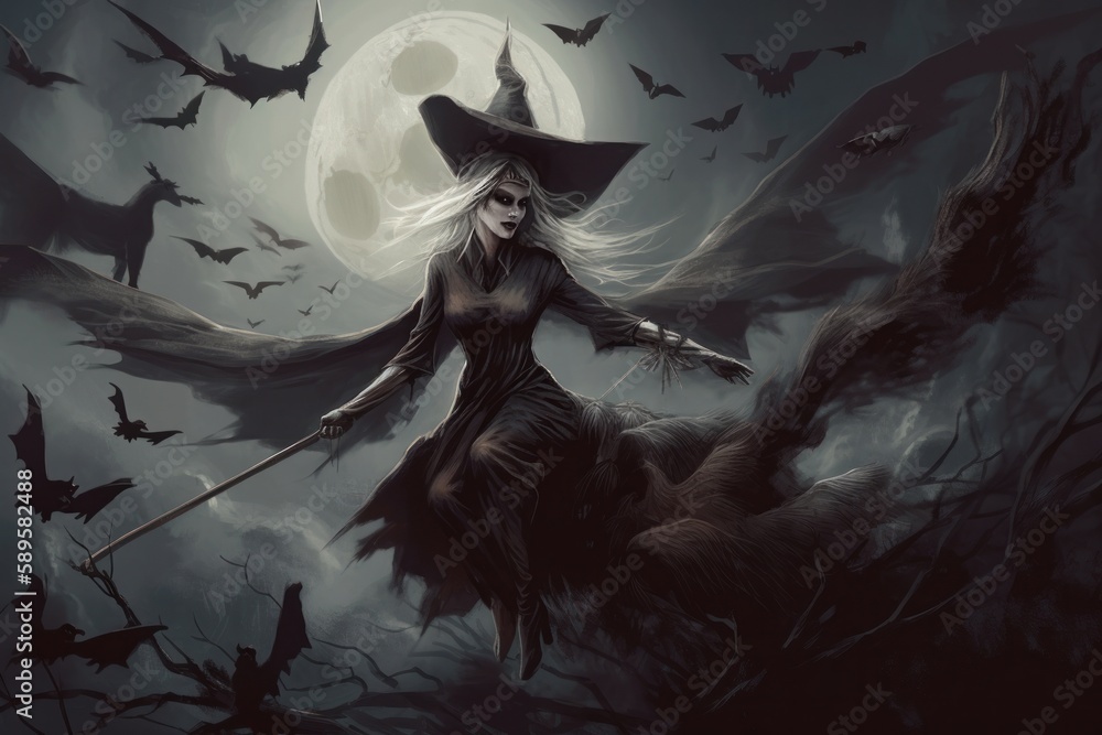 Halloween witch flying on a broom in a dark forest with a full moon ...