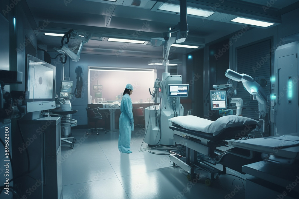 Modern High Technology Doctor on operation hall assisted by robotic arm ...